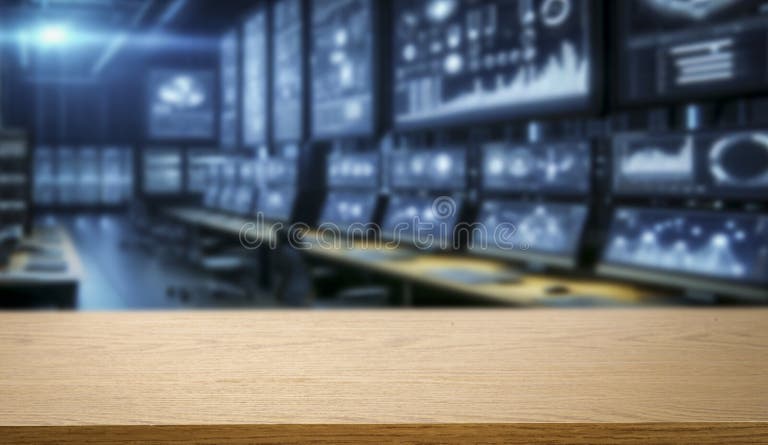 Computer Network Server Room. Wooden Deck or Table with Blurred View of ...