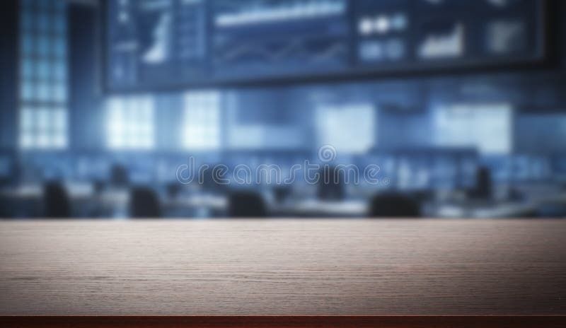 Computer Network Server Room. Wooden Table with Blurred View of ...