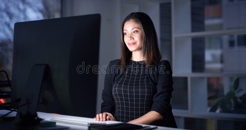 Computer, Night and Business Woman in Office for Public Relations ...