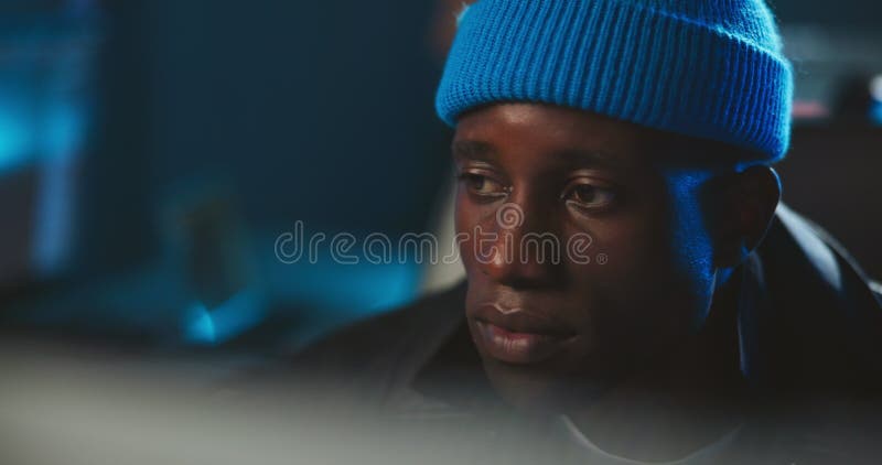 Computer Night And Black Man Coding In Office For Programming