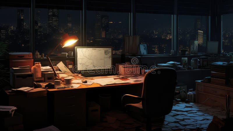 Computer night office stock illustration. Illustration of large - 372189604