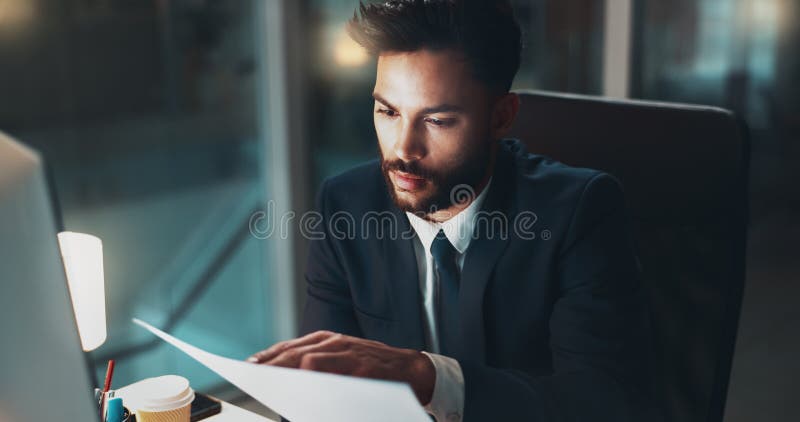Computer, Night and Reading with Business Man in Office for ...