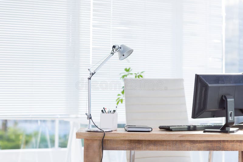 Computer and Notebook on the Desk Stock Image - Image of bright, lamp ...