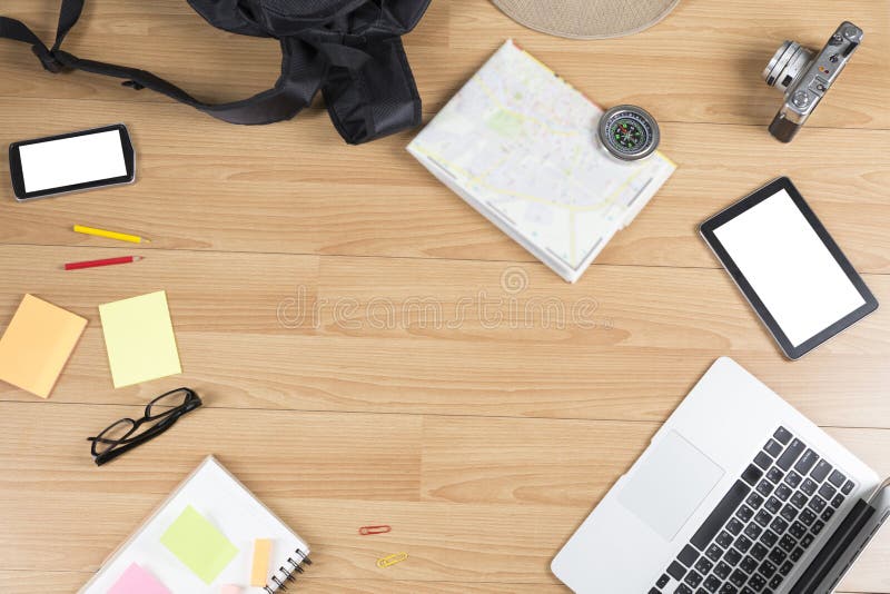 Computer Notebook, Notepad and Map on Wooden Table Stock Image - Image ...