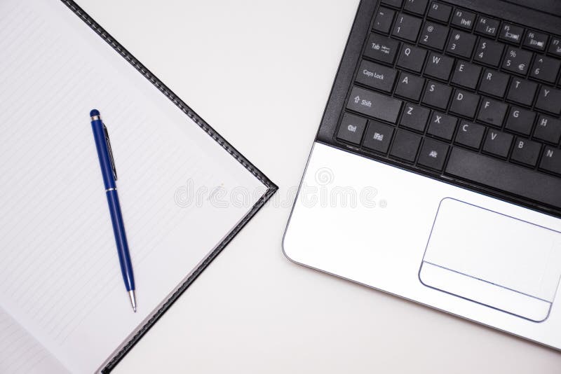 Computer with Notebook and Pen Stock Image - Image of buis, white ...
