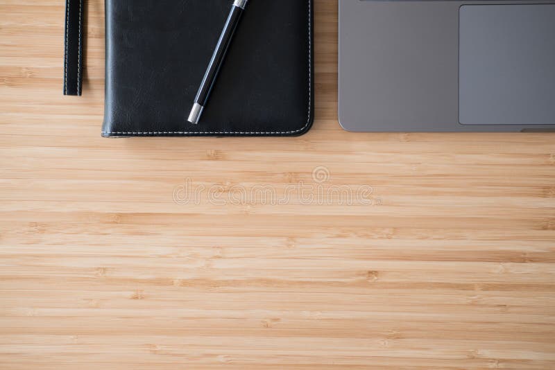 Computer, Notebook & Pen on Wood Desk. Laptop at Office Workplace ...