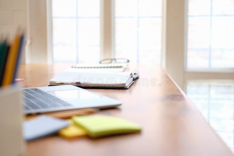 Computer Notebook Stationary on Library Desk. Back To School Learning ...