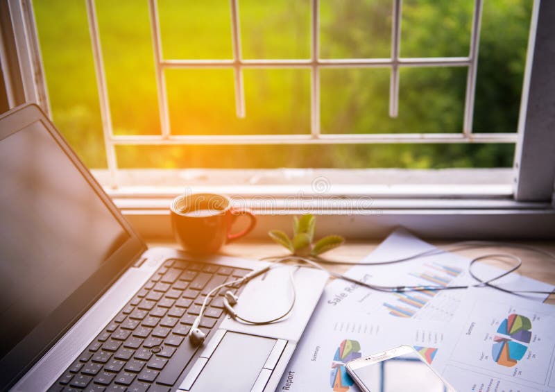 Computer Notebook On Wood Table Stock Photo - Image of paper, business ...