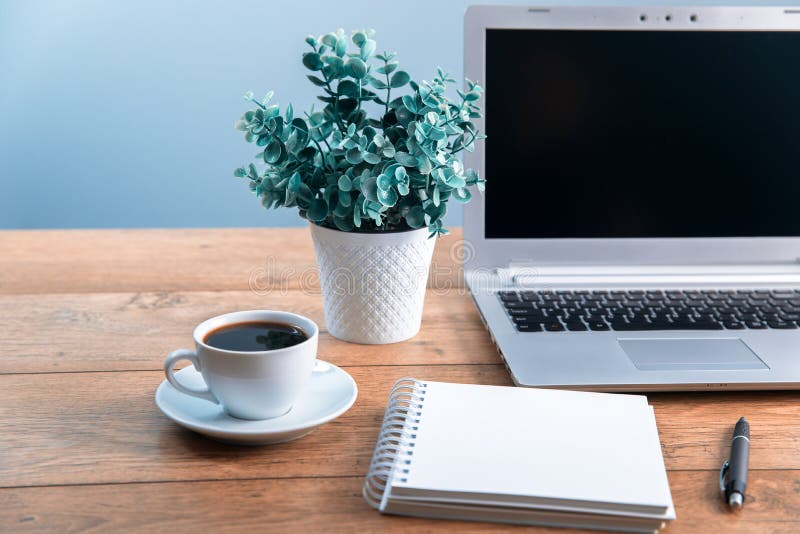 Computer with Notepad and Cup of Coffee Stock Image - Image of copy ...