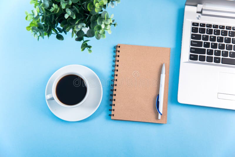 Computer and Notepad with Cup of Coffee Stock Photo - Image of blank ...