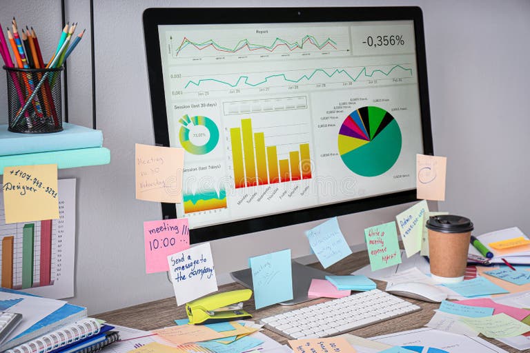 Computer, Notes and Office Stationery in Mess on Desk, Space for Text ...