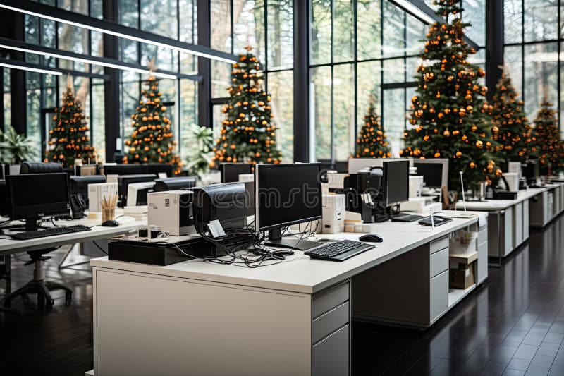 Christmas Trees in an Office with Computers Stock Photo - Image of ...