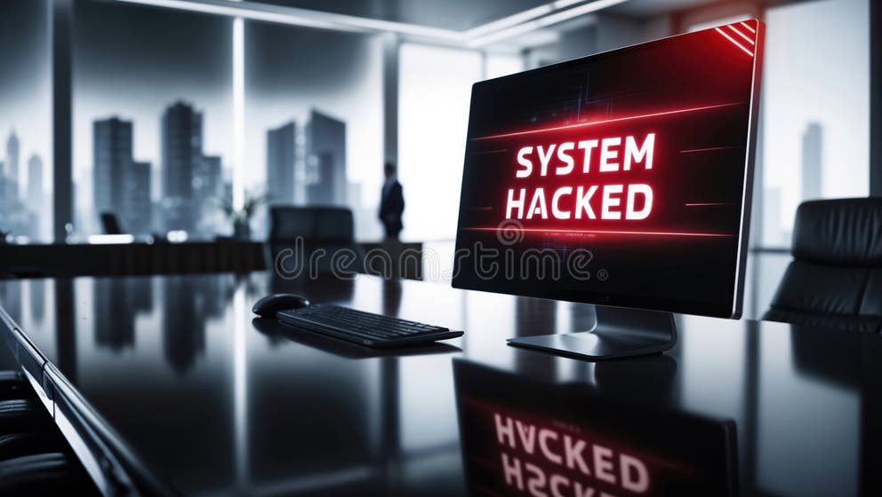 Computer in an Office with System Hacked on the Screen Stock ...