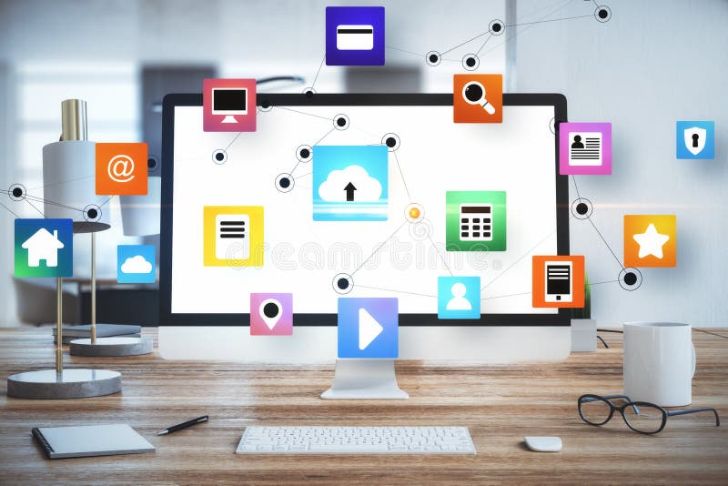 Computer on Office Table with Online Networking Cloud Diagram Stock ...