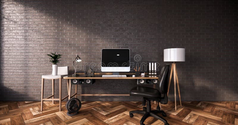 Computer and Office Tools on Desk in Room Interior Loft Style with ...