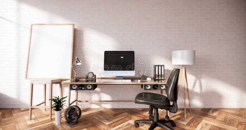 Computer and Office Tools on Desk in Room Interior Loft Style with ...