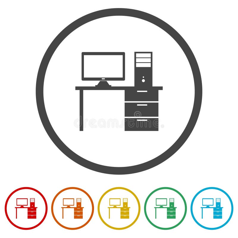 Computer Office Workspace Desk Icon. Set Icons in Color Circle Buttons ...