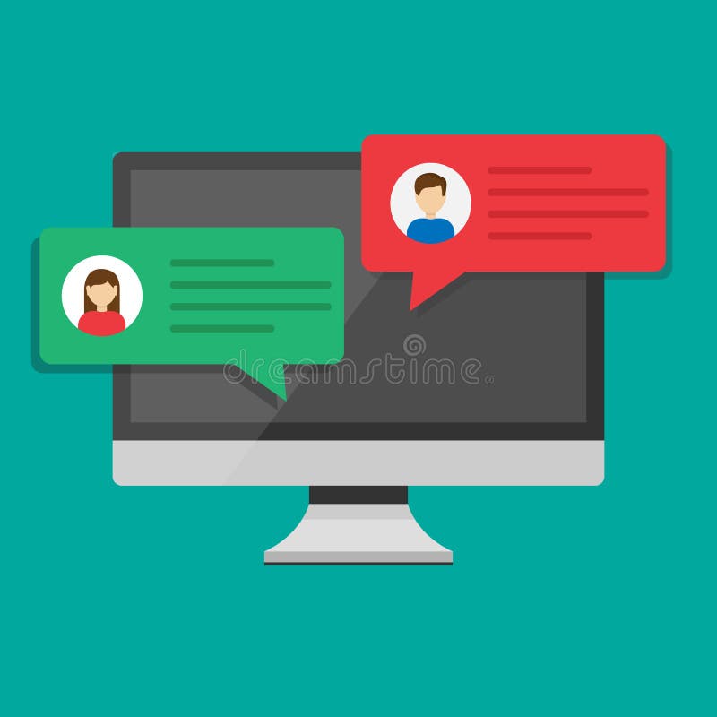 Computer Online Chat Vector Illustration, Flat Design of Desktop Pc ...
