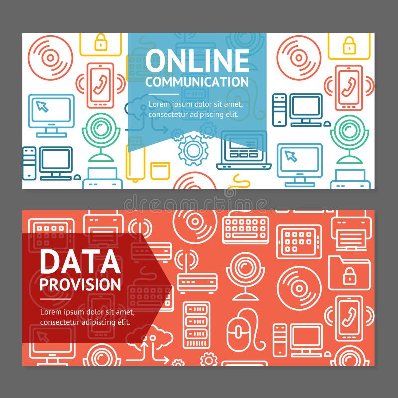 Computer Online Communication Flyer Banner Posters Card Set. Vector ...