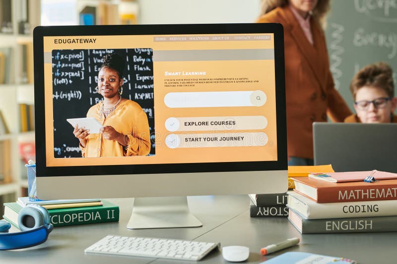 Computer with Online Course on Screen Stock Image - Image of school ...