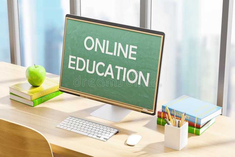 Computer with Online Education Concept, Side View Stock Illustration ...