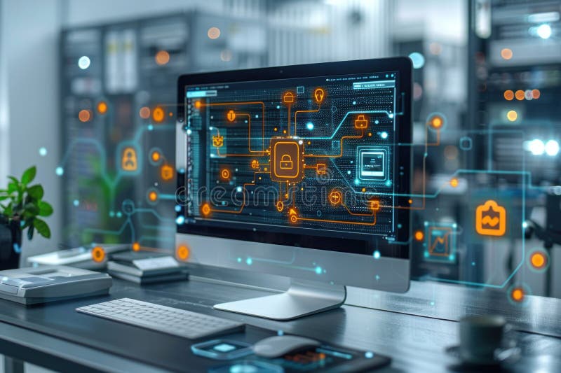 A Computer Onsite with a Keyboard and Mouse on a Desk in a Commercial ...