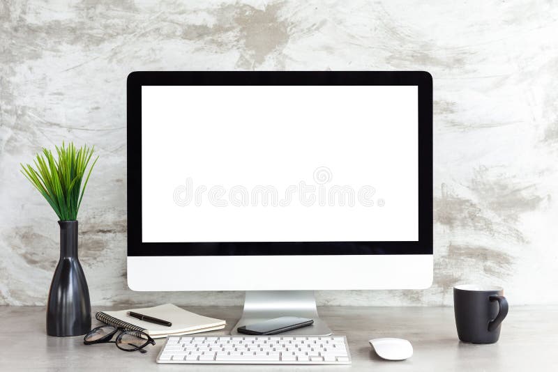 Computer Op Werkruimtelijst Die Het Lege Witte Scherm Tonen Stock ...