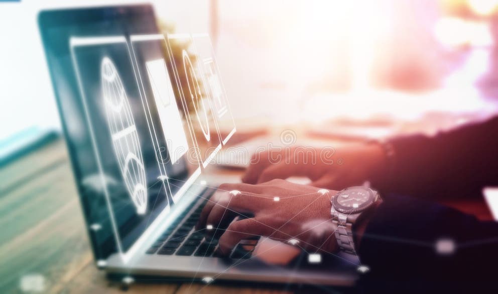 Computer Overlay Business Man and Hands Typing with Digital Software ...