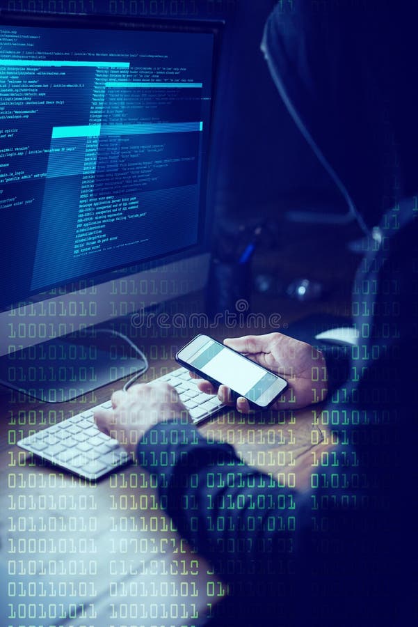 Computer Overlay And Hacker At Night With Phone For Programming Coding And Information