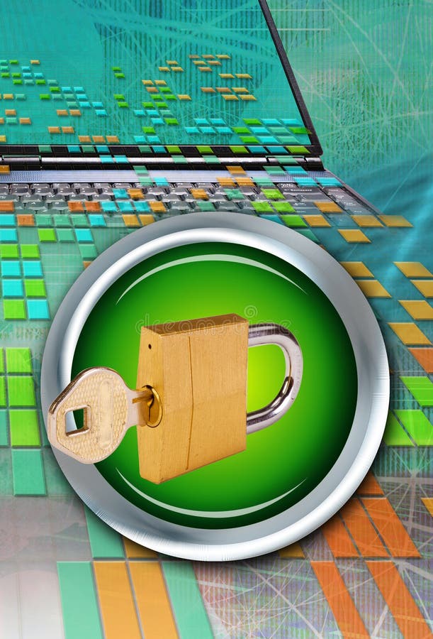 Computer, padlock and key stock photo. Image of screen - 24327660