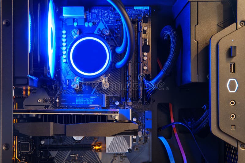 Computer Parts Inside Pc with Ice Blue Led Liquid Cooling Stock Image ...