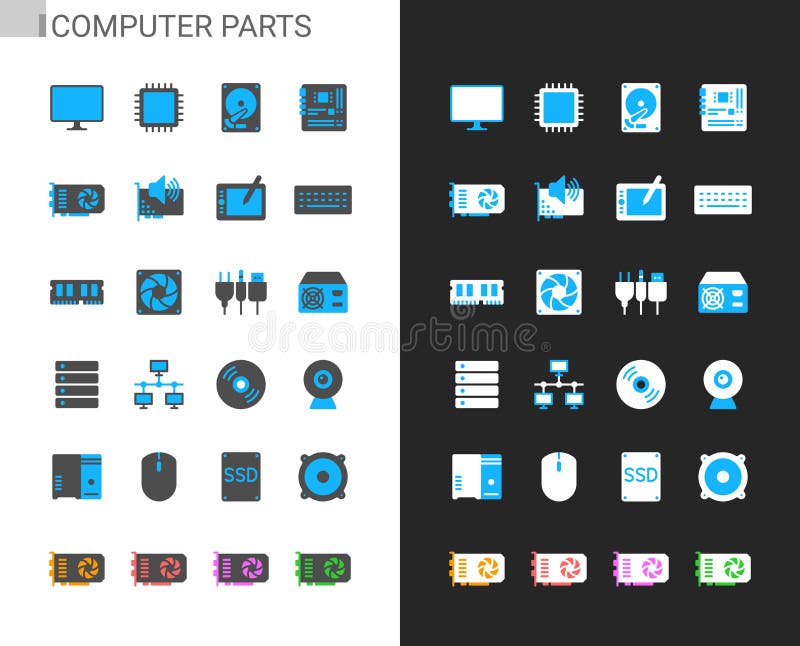 Computer Part Icons Light and Dark Theme Stock Vector - Illustration of ...