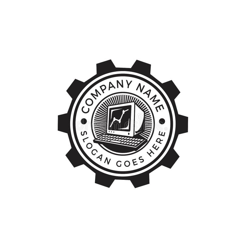 Computer PC Badge Logo Design with Gear and Graphic Chart Monochrome ...