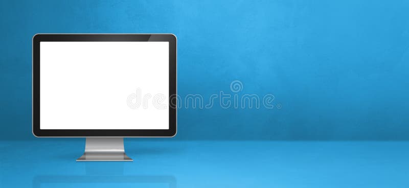 Computer Pc on Blue Desk Banner Stock Illustration - Illustration of ...
