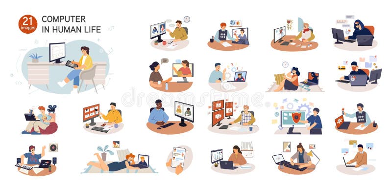 Computer People Flat Set stock vector. Illustration of communication ...