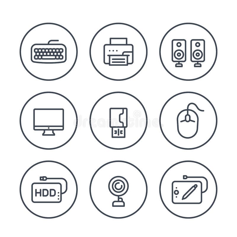 Computer Peripherals Line Icons on White Stock Vector - Illustration of ...