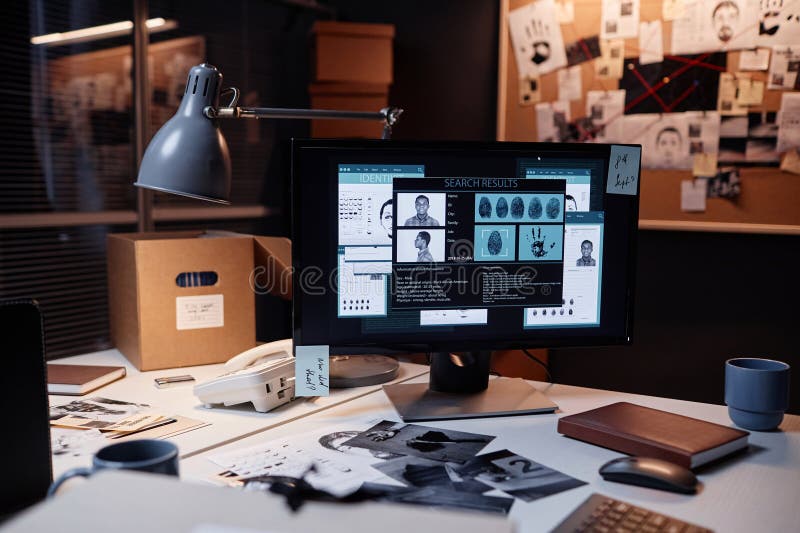 Computer with Personal File on Desk in Detectives Office Stock Photo ...