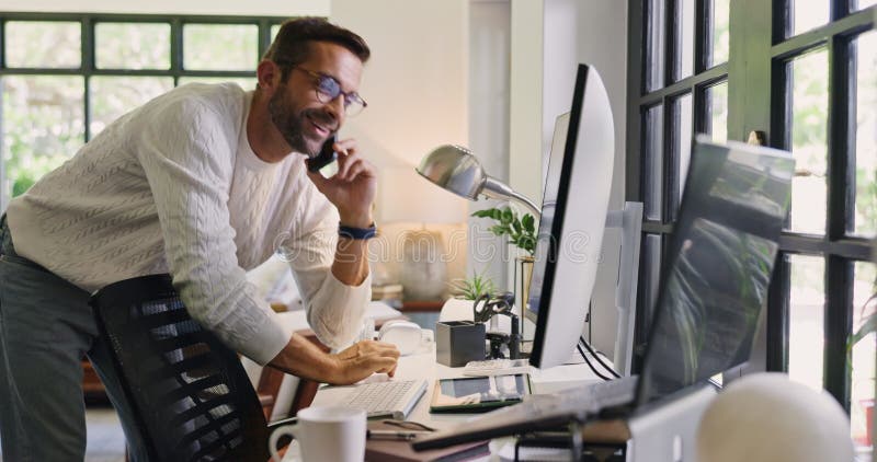 Computer, Phone Call and Pointing with Man in Home Office for Remote ...