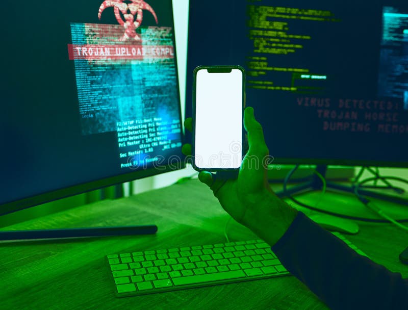 Computer Phone Or Hands With Mockup For Hacking Software Programming Or Cybersecurity