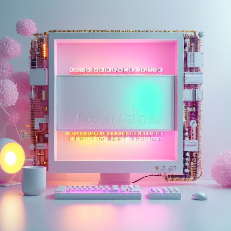 Computer with Pink Screen and White Mouse Stock Illustration ...