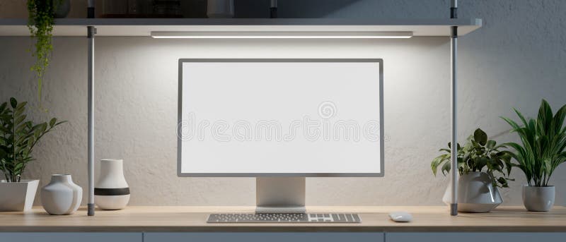 A Computer is Placed on a Table in a Dark Room, Illuminated by Soft ...