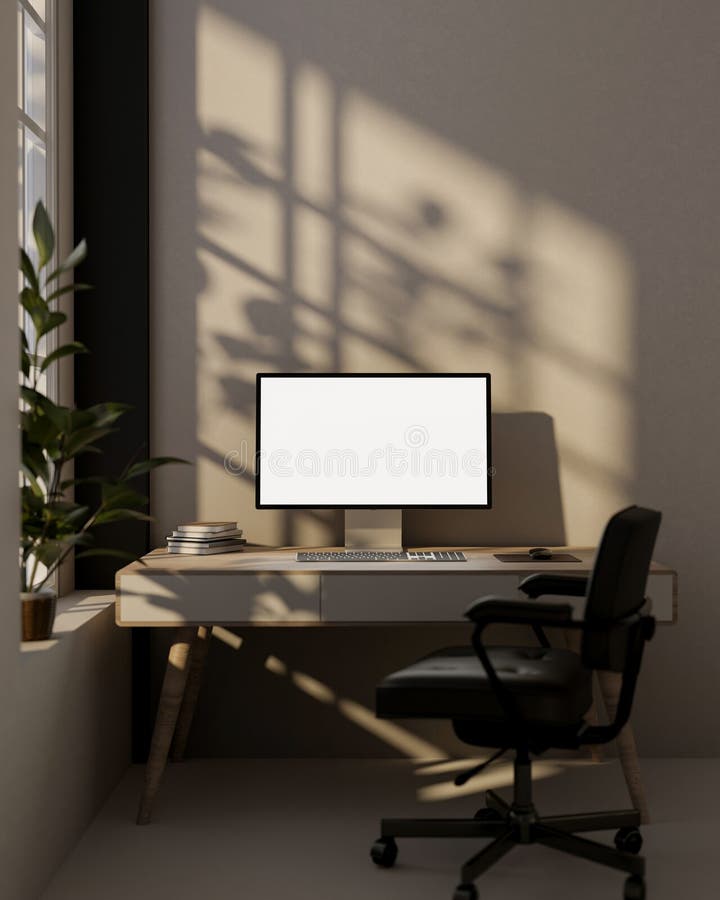 A Computer Placed on a Table in a Minimalist Room with Sunlight Casting ...
