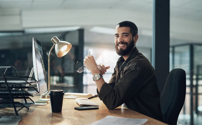 Computer, Portrait and Smile with Man in Office for Website Coding or ...