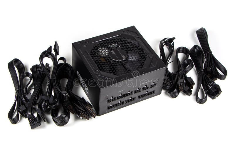 Computer Power Supply Unit with Cabels Isolated on White Background ...