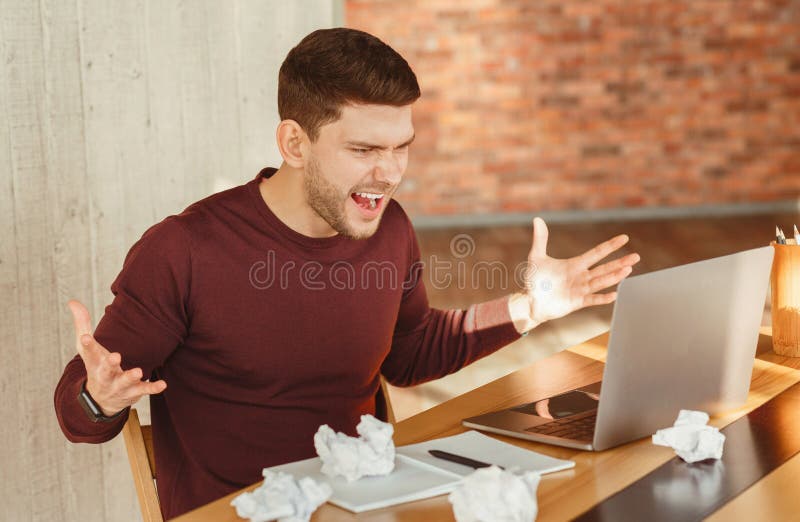 Mad Office Manager Screaming at Laptop Computer Sitting at Workplace ...