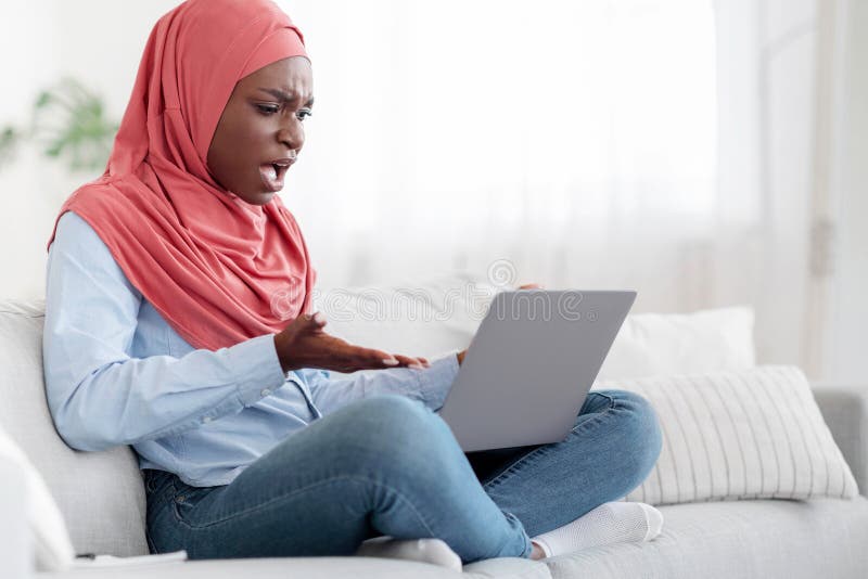 Computer Problems. Angry Arab Woman Having Issues with Laptop at Home ...