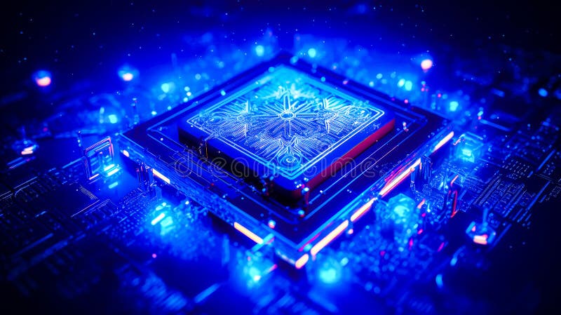 Computer Processor with Blue Light Shining on it S Back Ground ...