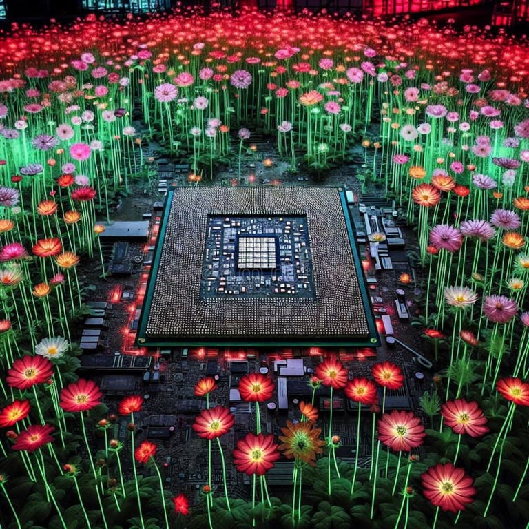 A Computer Processor Chip Surrounded by Glowing Flowers, Representing ...