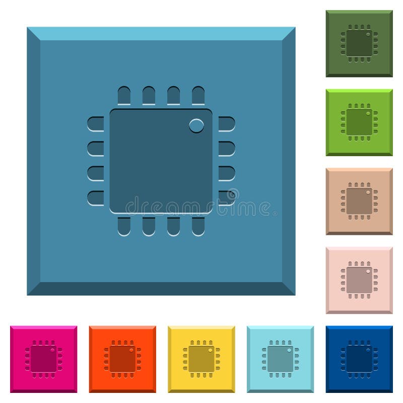 Computer Processor Engraved Icons on Edged Square Buttons Stock ...