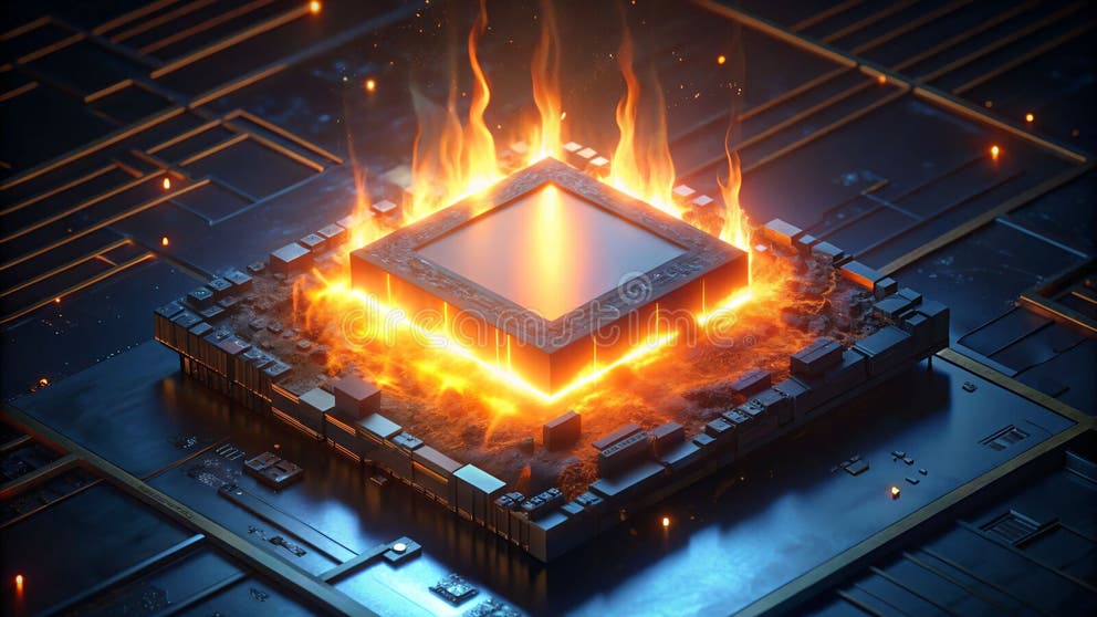 A Computer Processor is on Fire, Burning Intensely on a Circuit Board ...